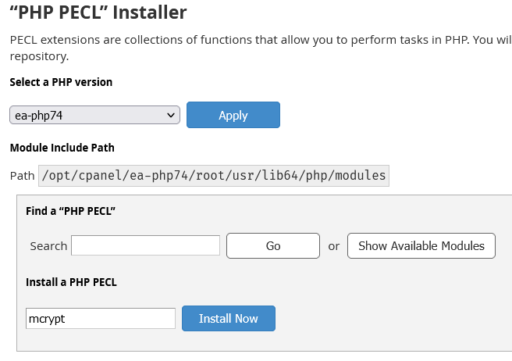 El módulo opcional, mcrypt, no está instalado, o ha sido desactivado.